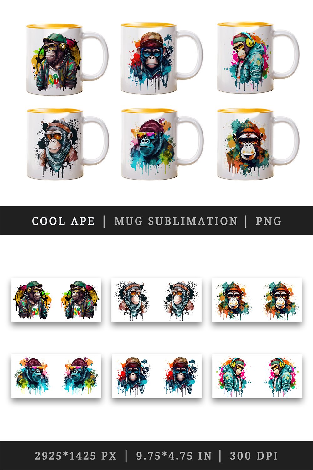 Cool ape, monkey mug, cup wrap sublimation design bundle