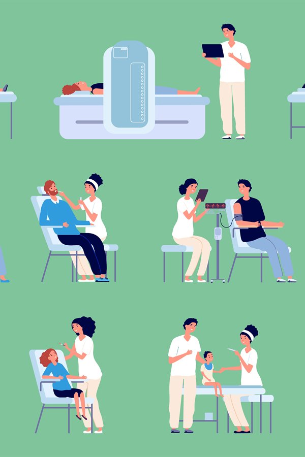 Medical characters. Doctors nurses patients, vaccination and