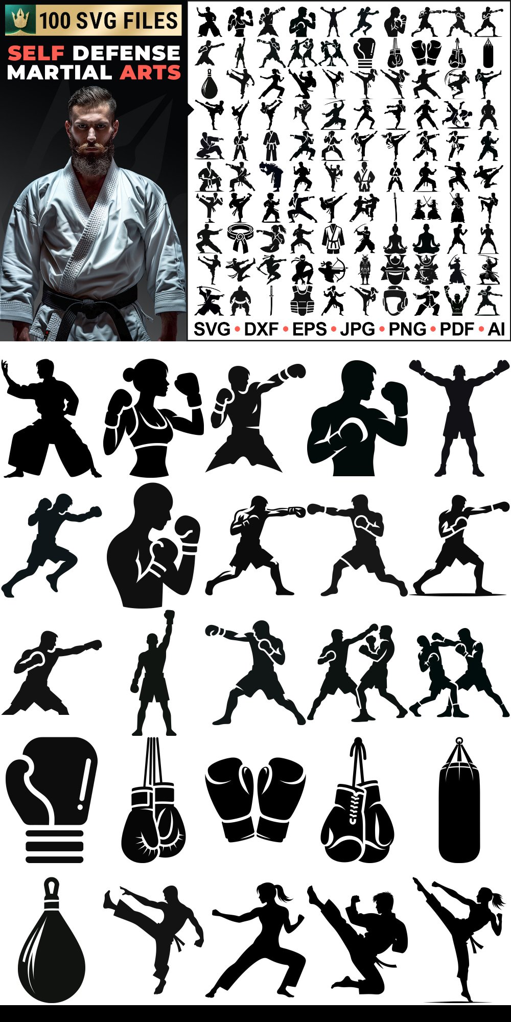 100 Self Defense and Martial Arts SVG Designs Bundle