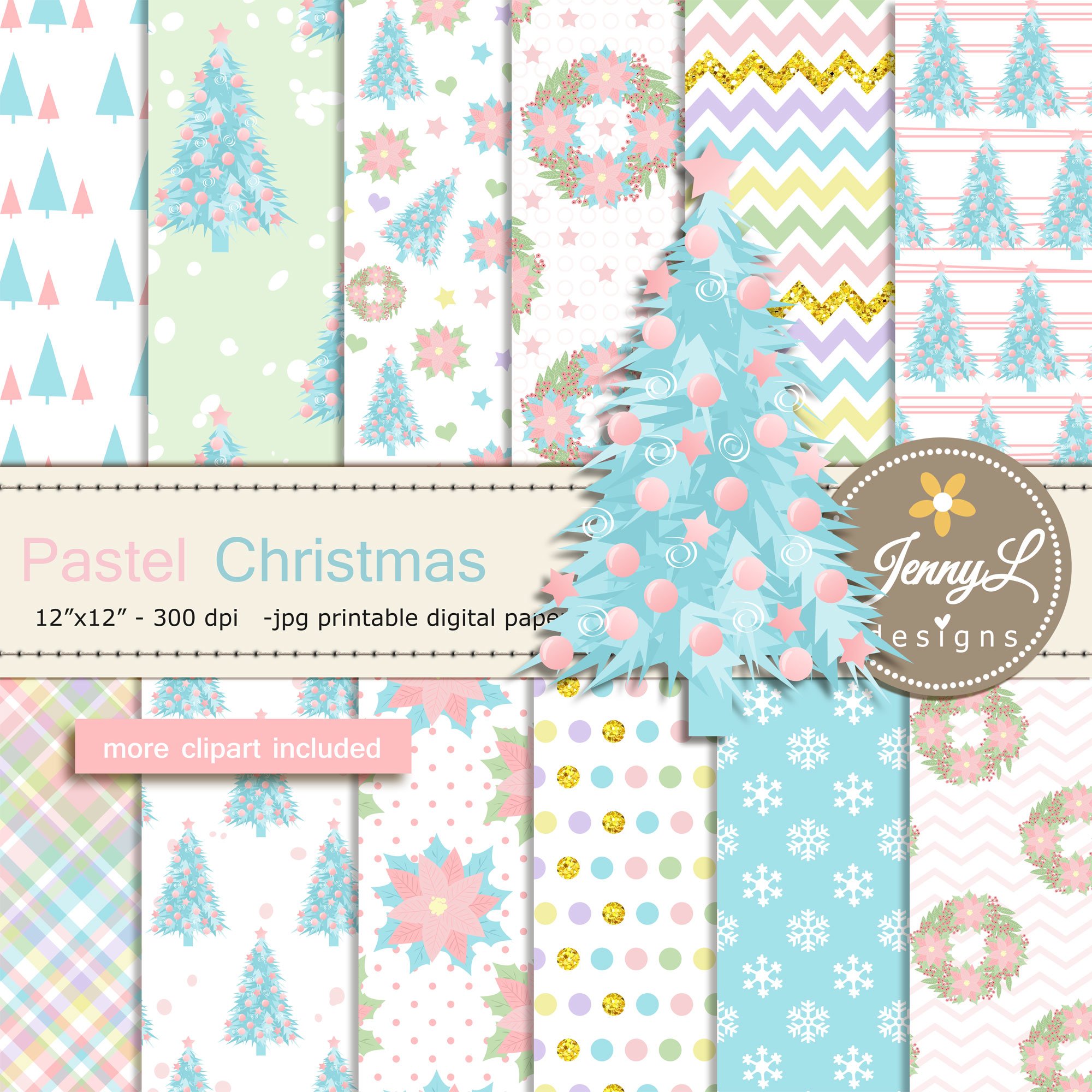 Pastel Christmas Digital Papers and Christmas Tree Clipart