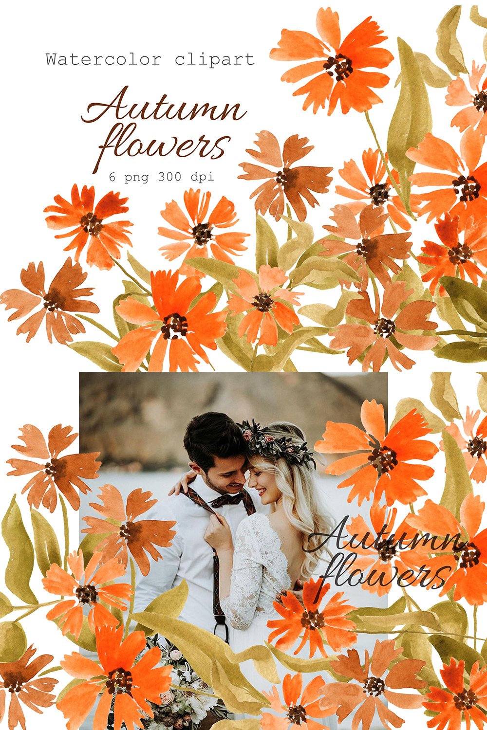 Watercolor autumn flowers frame,Floral Orange Floral Clipart