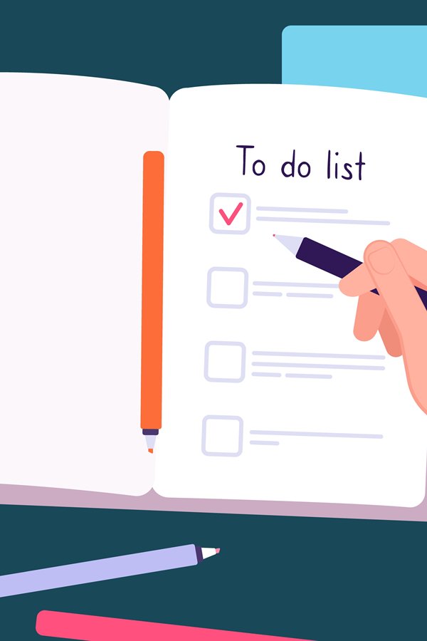 Person fill notebook. To-do list, tasks for day with morning