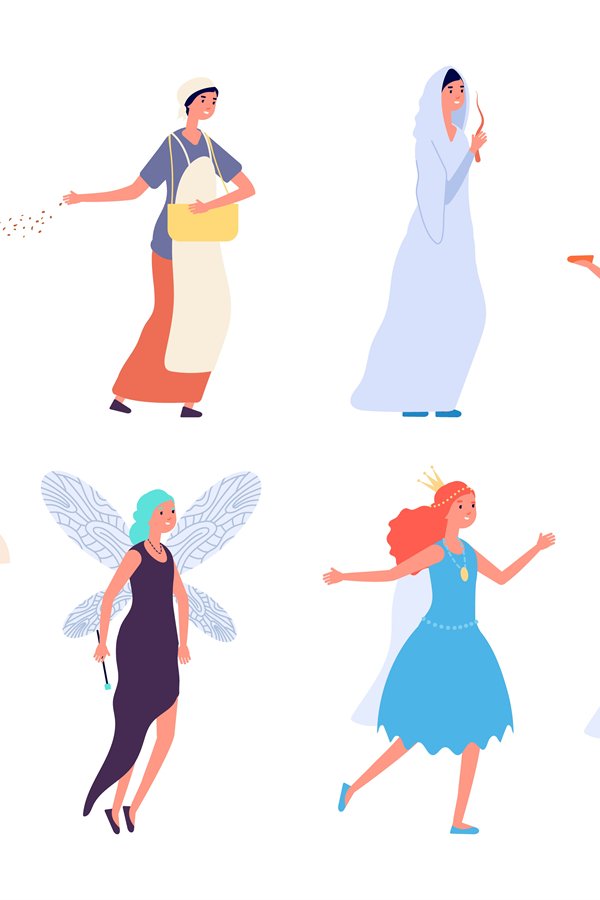 Female fairy tales characters. Women in festive suits. Happy