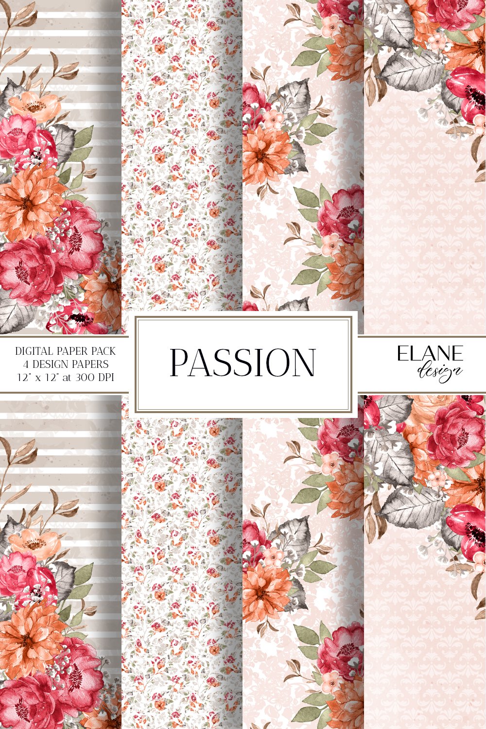 Floral Digital Paper, Red Purple Orange Flowers (4947819)