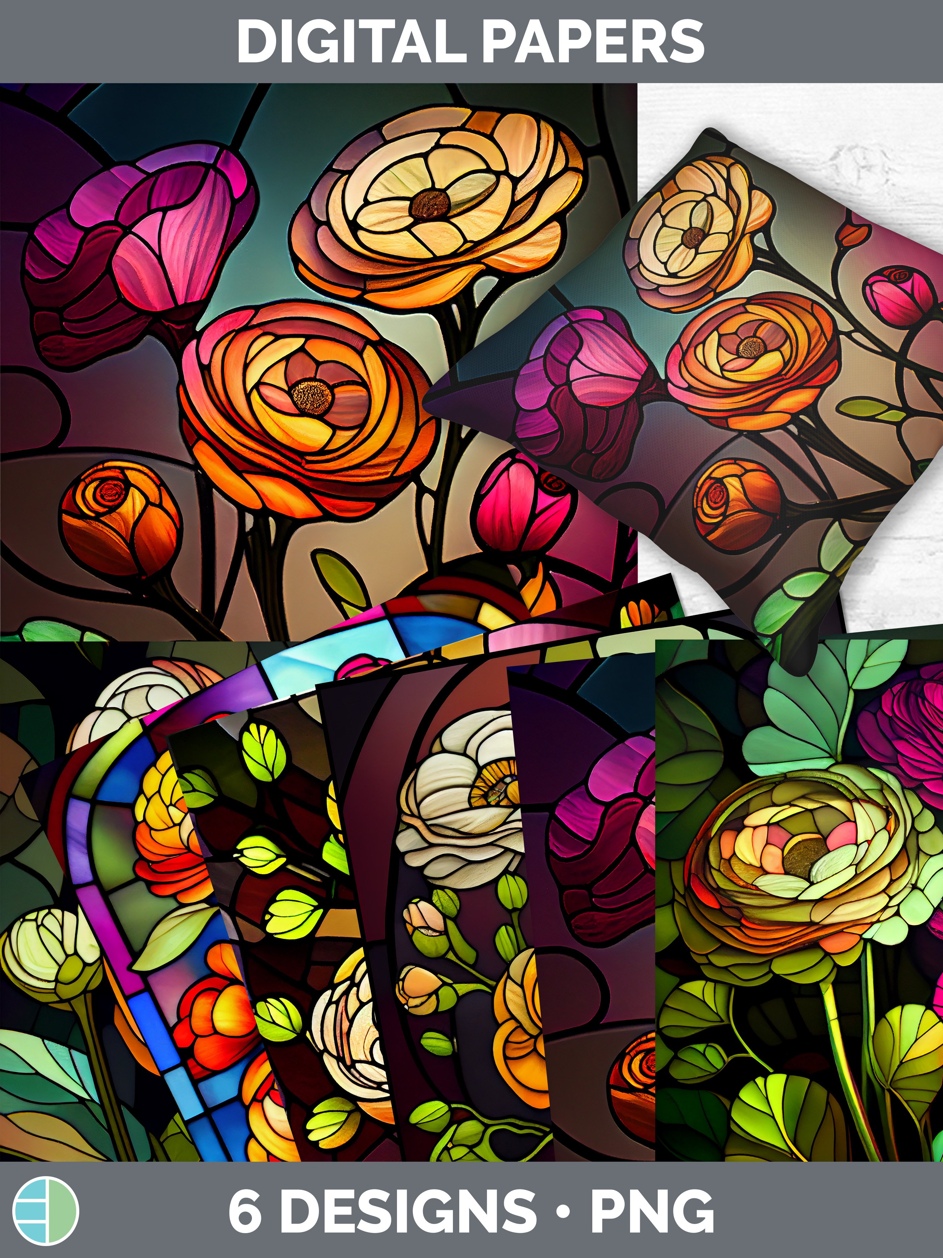 Stained Glass Ranunculus Flowers Paper Backgrounds | Digital