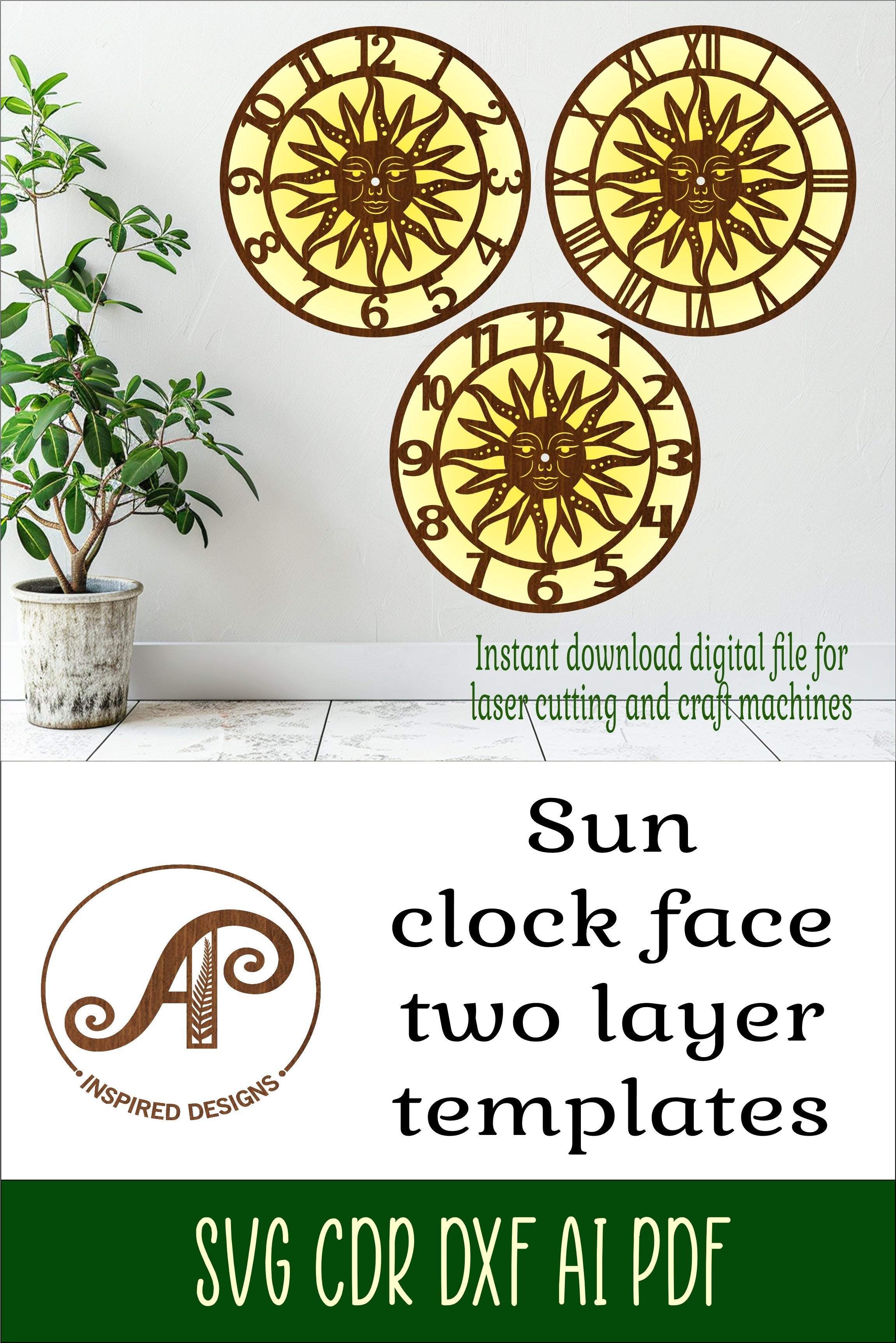 Sun themed clock wall clock laser cut files