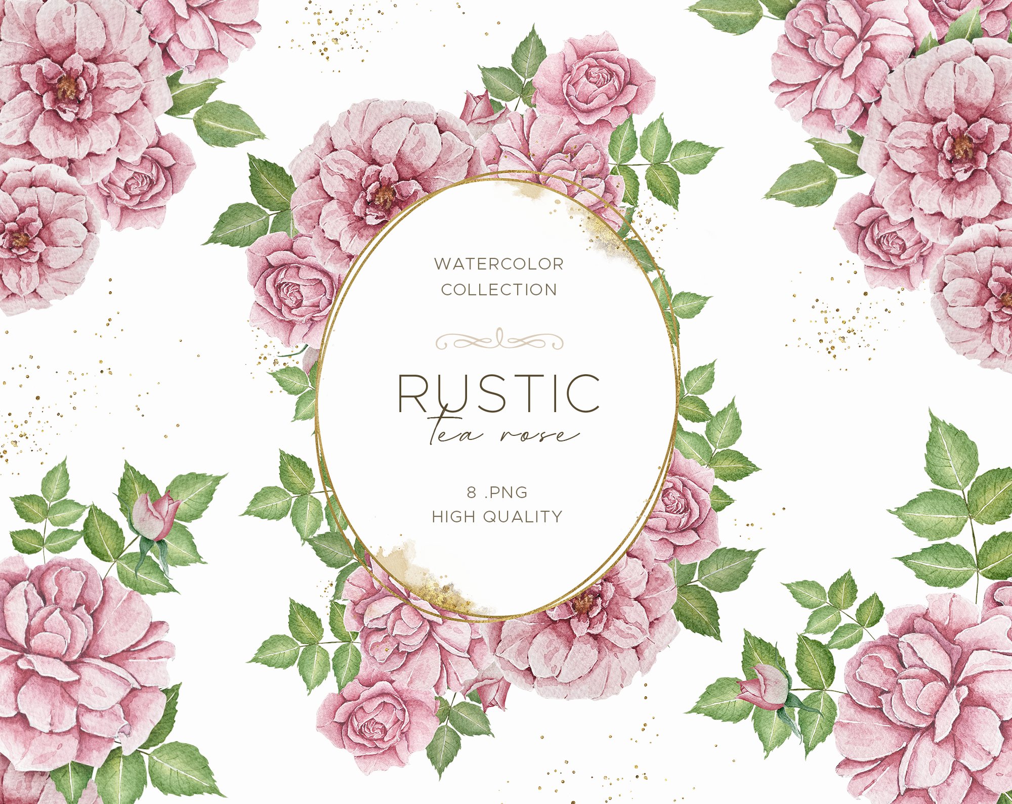 Rustic tea rose clipart, pink floral frame and bouquet