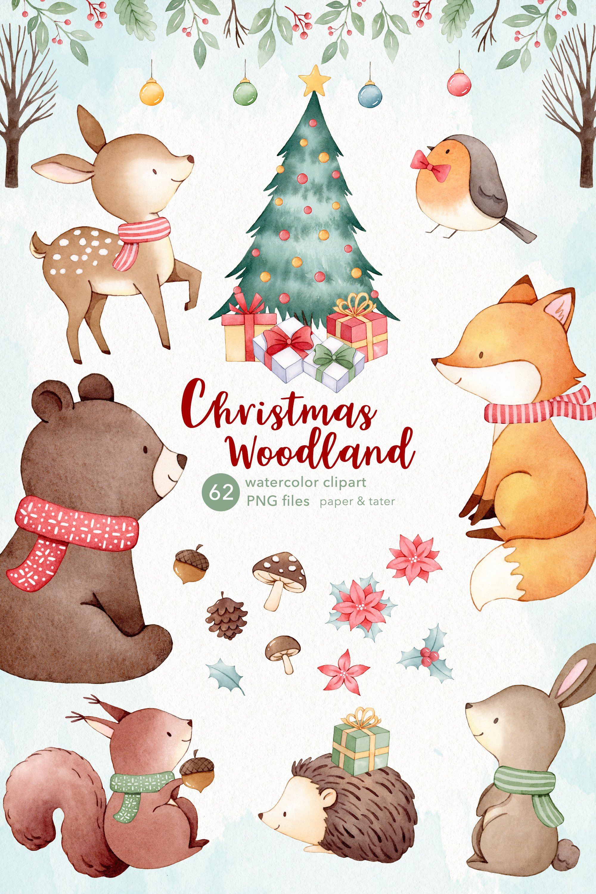 Woodland Christmas Watercolor Clipart, Cute Xmas Animals PNG