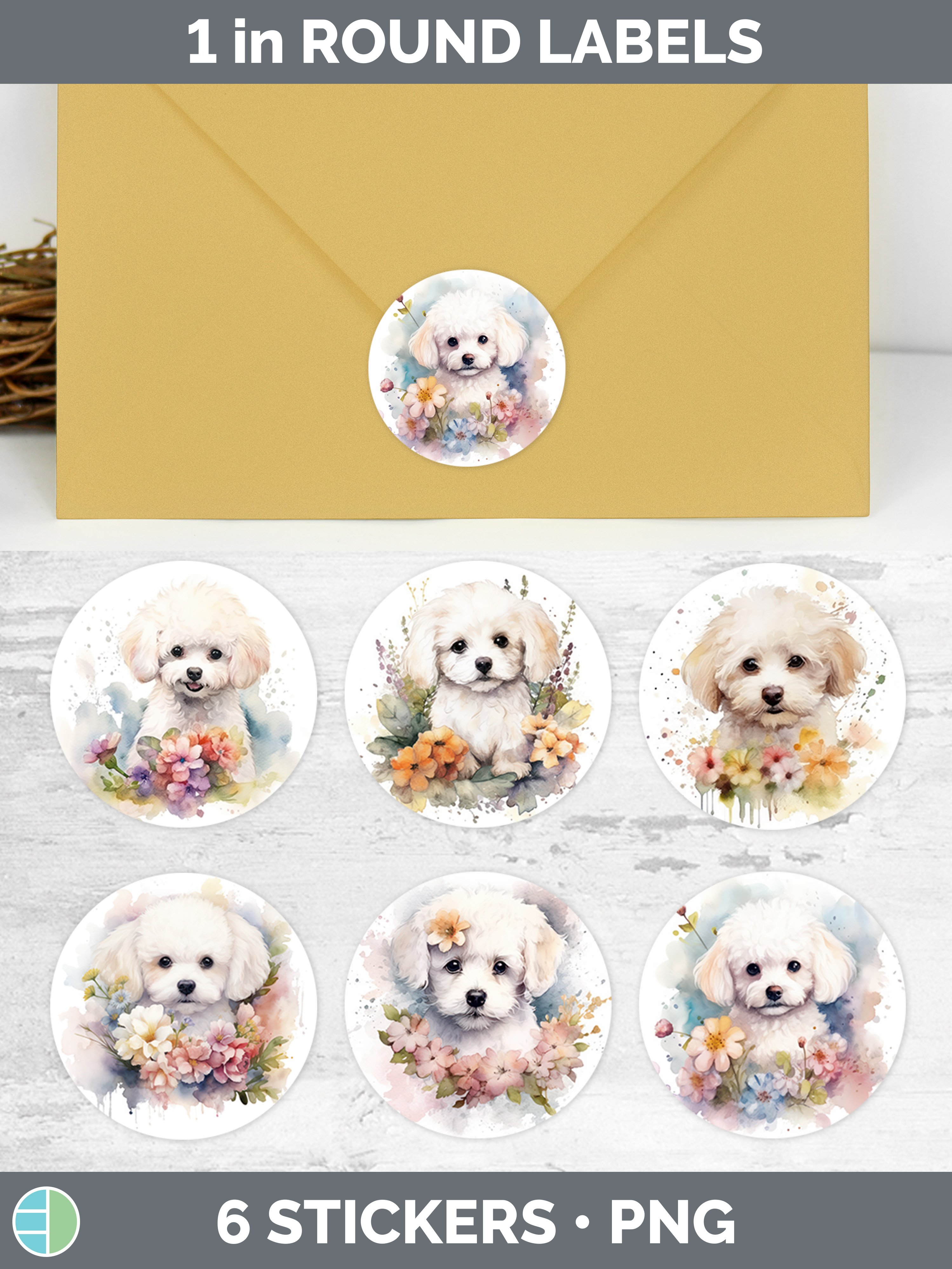 Watercolor Bichon Frise Dog Stickers | Round Labels Designs