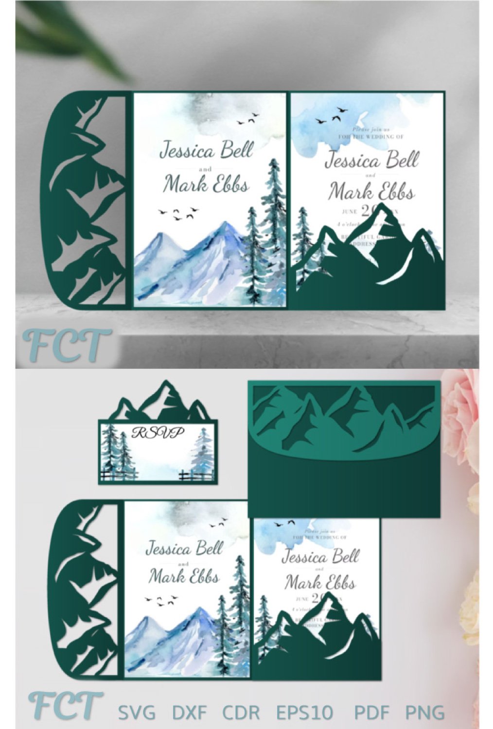 Mountains Trifold Envelope SVG 5x7, Travel Wedding invite