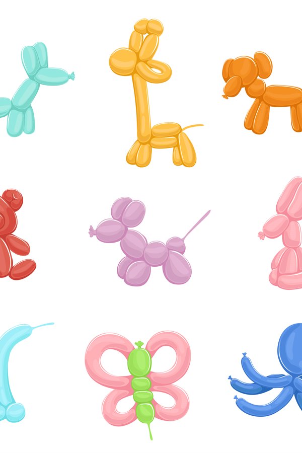 Funny inflatable animals from colored balloons. Vector illus