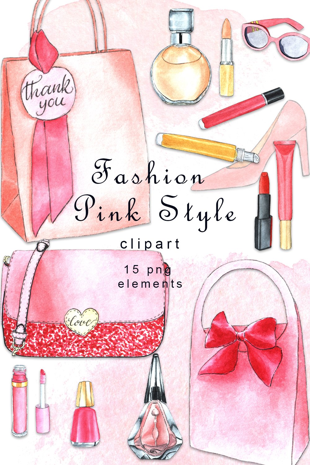 Watercolor Fashion Pink Style clipart, Hand Drawn, PNG files