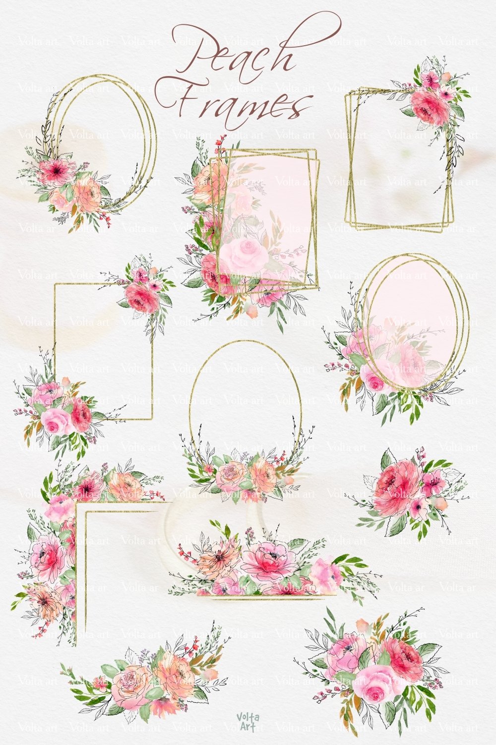 Watercolor Dusty Roses Frame Bundle, Peach Geometric Wreaths