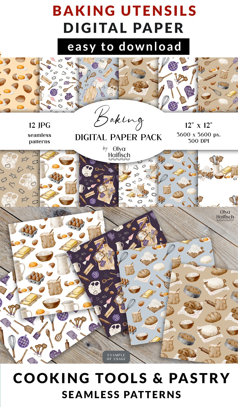 Watercolor Baking Digital Paper. Kitchen Seamless Patterns
