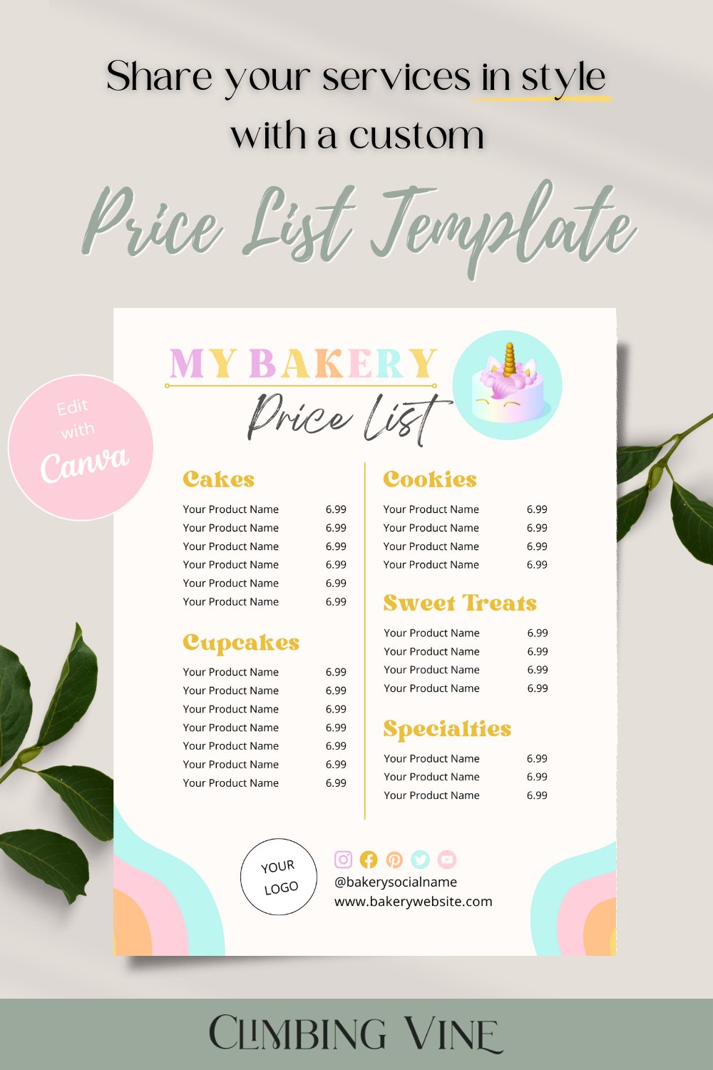 Cake Bake Shop Menu Template for Canva, Bakery Price List