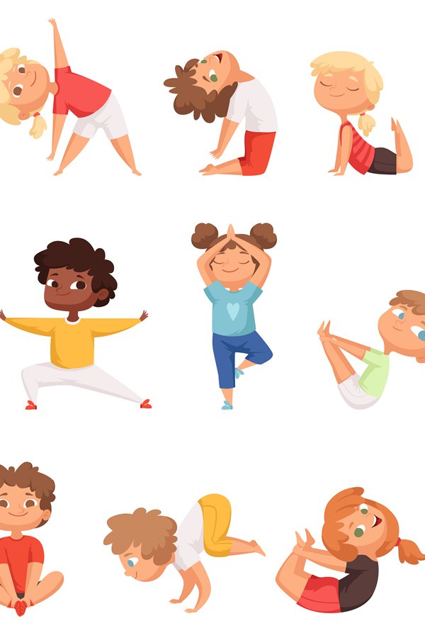 Yoga kids. Children making exercises in different poses heal