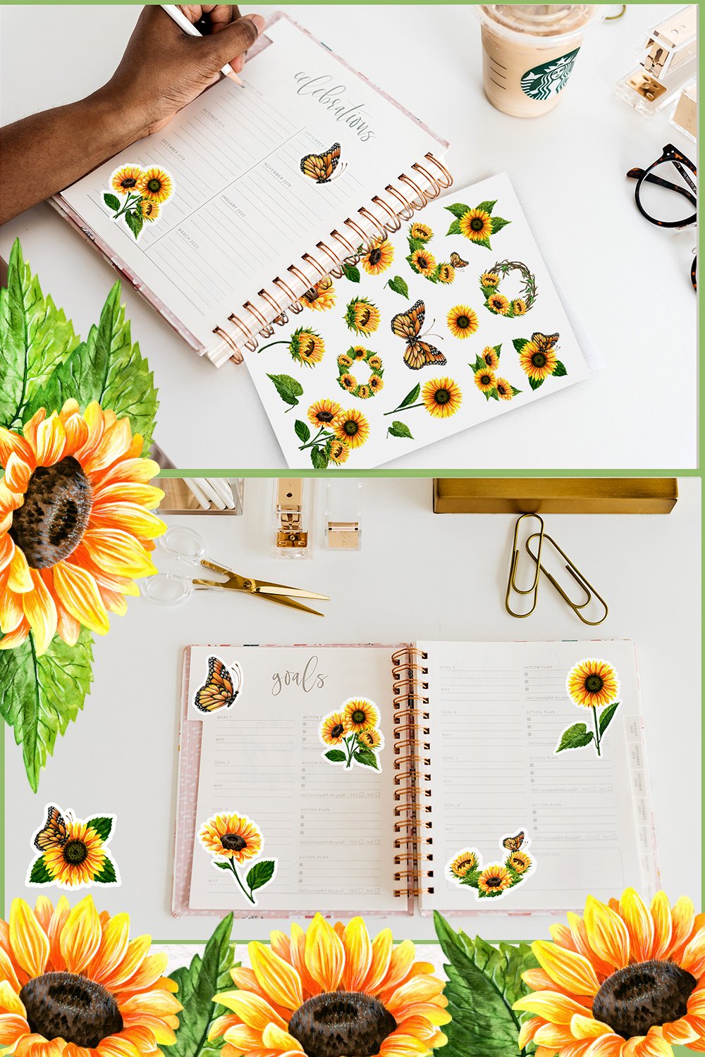 16 sunflower watercolor stickers