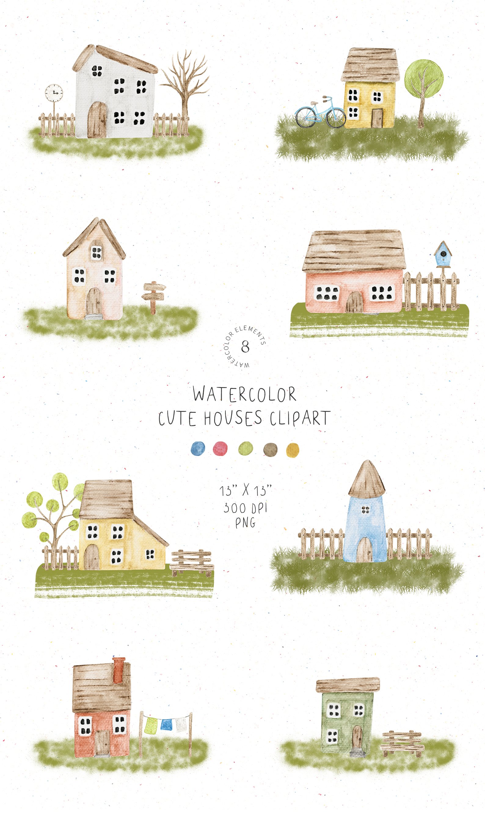 Watercolor cute houses clipart