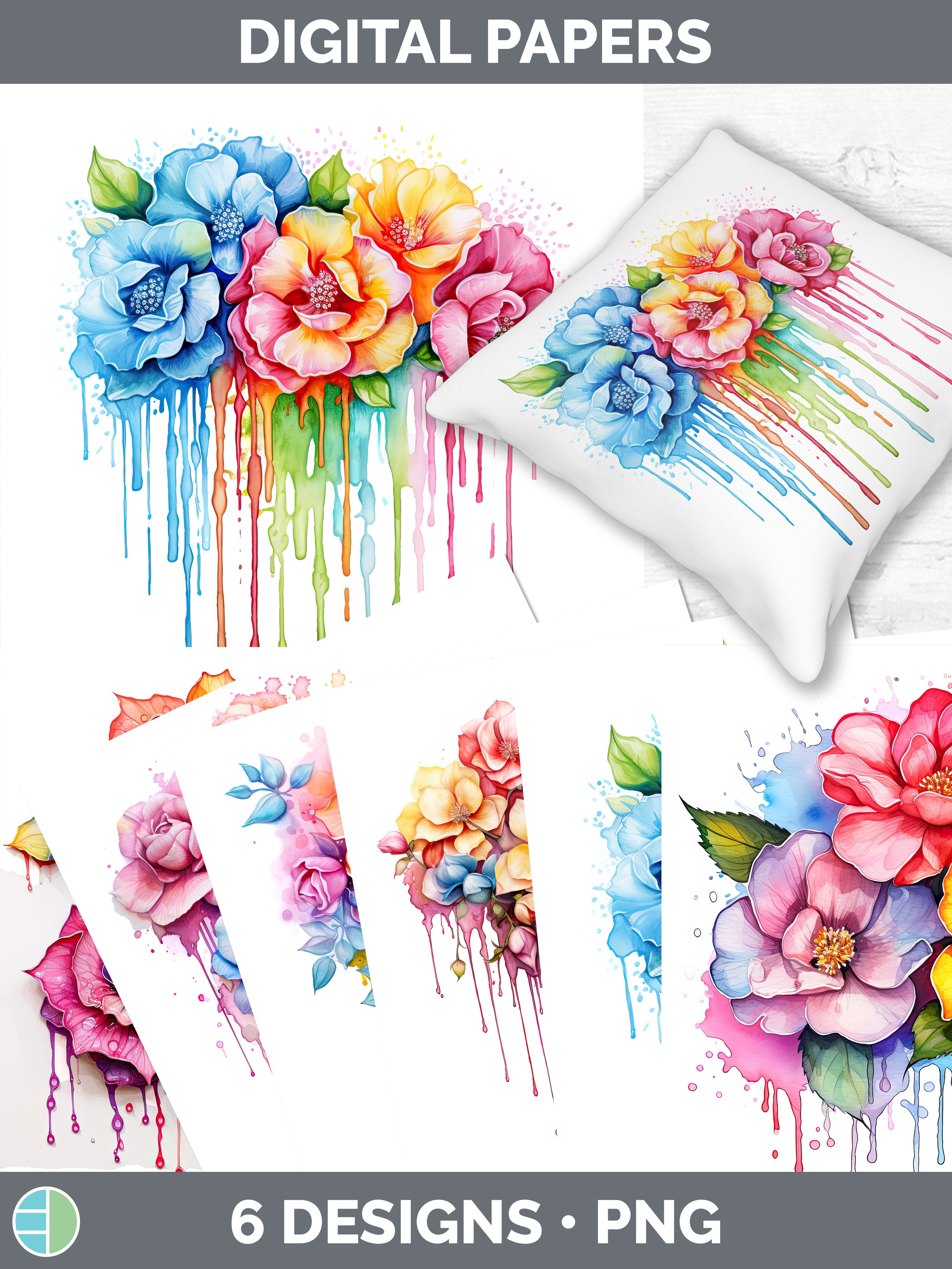 Splat Rainbow Camellia Flowers Paper Backgrounds | Digital S