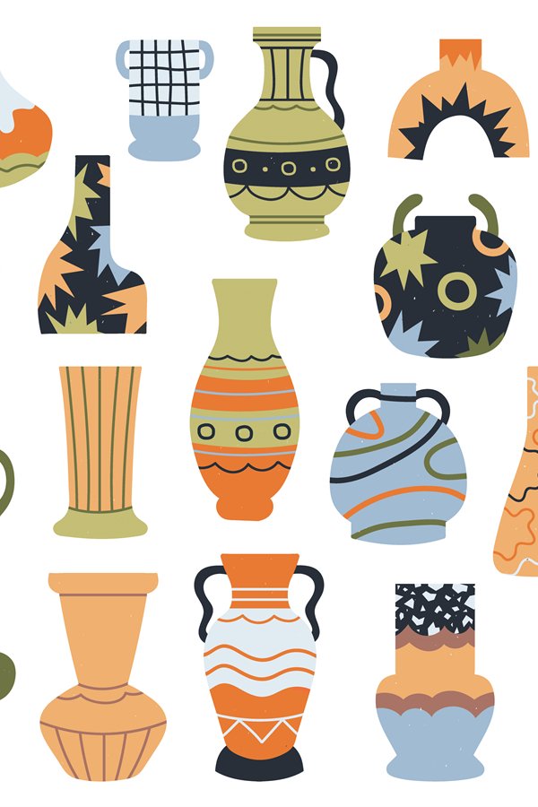 Modern pottery. Ceramic porcelain vases, hand drawn decorati