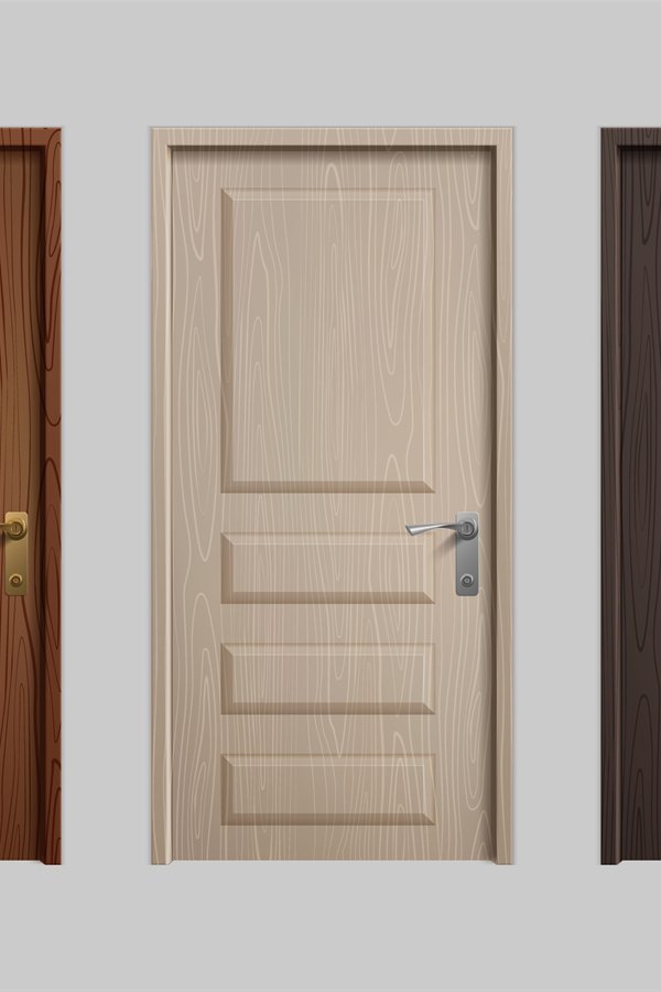 Realistic doors. 3D wooden home entry front doors, white and