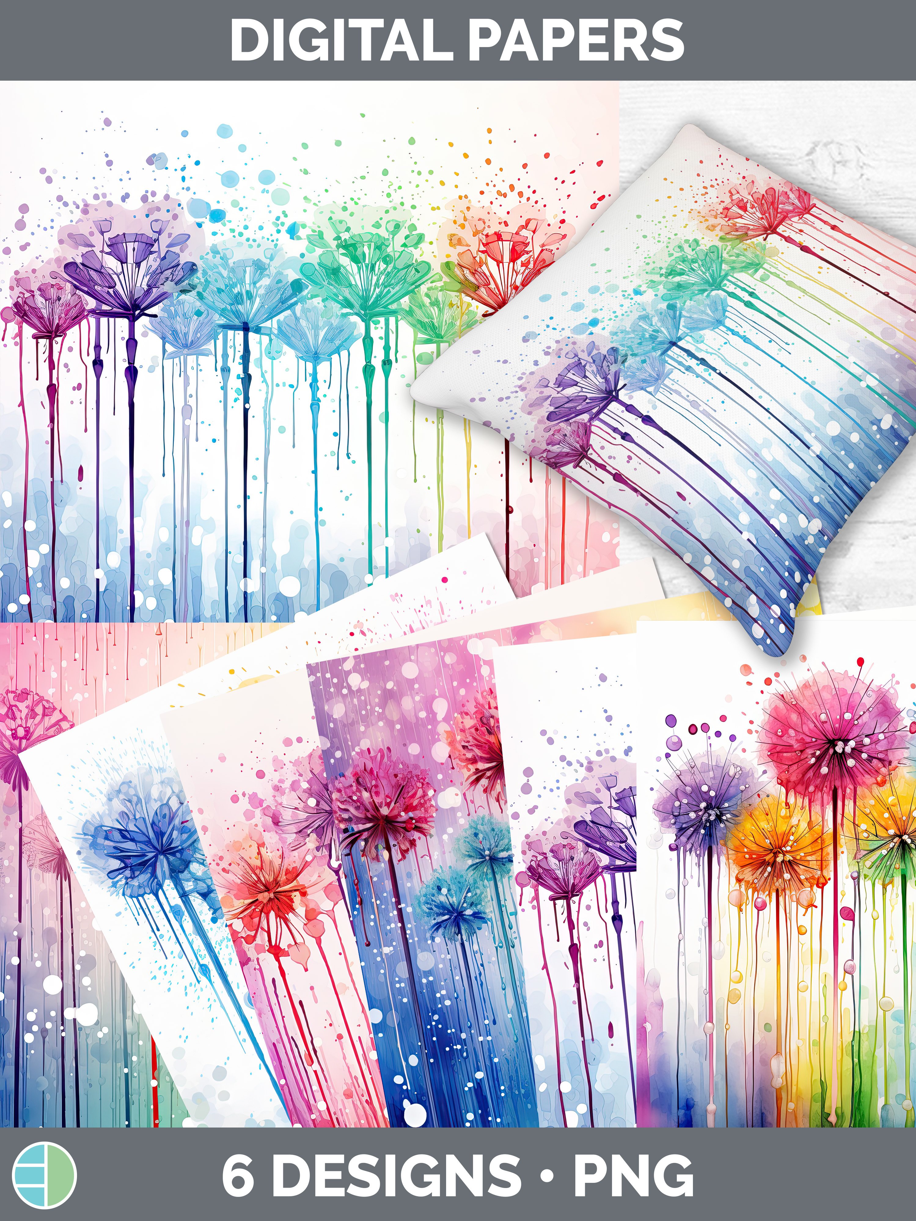 Splat Rainbow Allium Flowers Paper Backgrounds | Bundle Digi