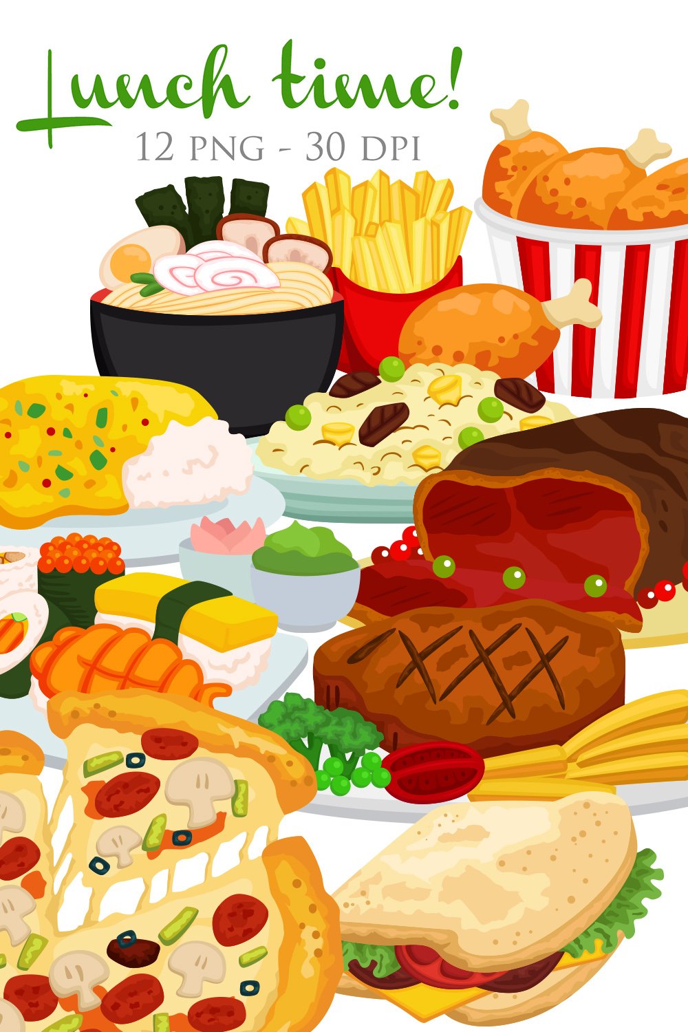 Lunch Food Pizza Sushi Rice Noodle Steak Illustration Vector