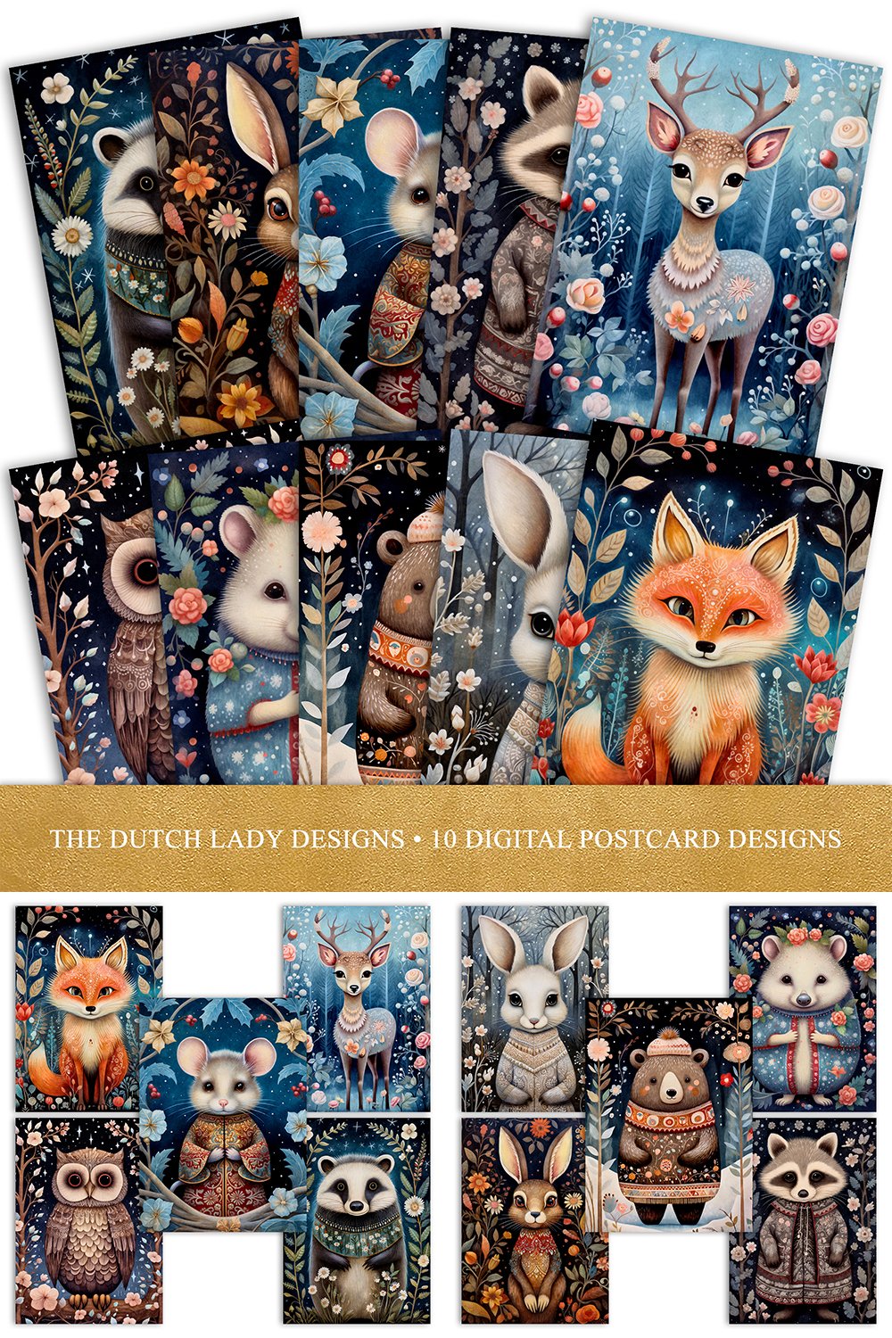 Woodland Folk Art Animals Postcard and Poster Print Set