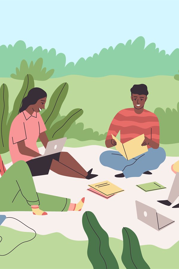 Learning in park. Students sitting on lawn grass in universi