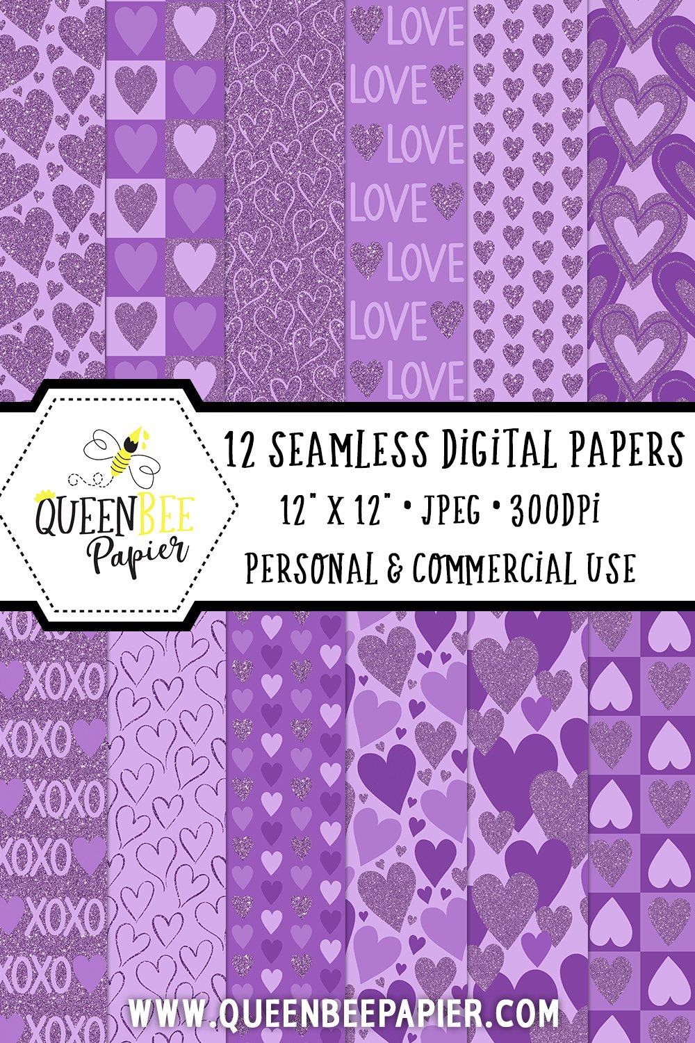 Purple Glitter Heart Digital Paper Pack