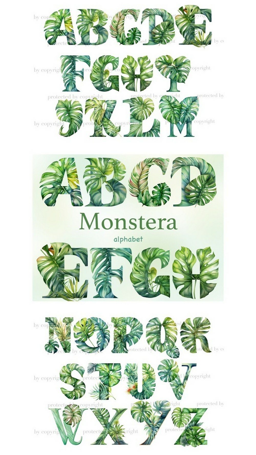 Monstera Alphabet Clipart | Green Letters