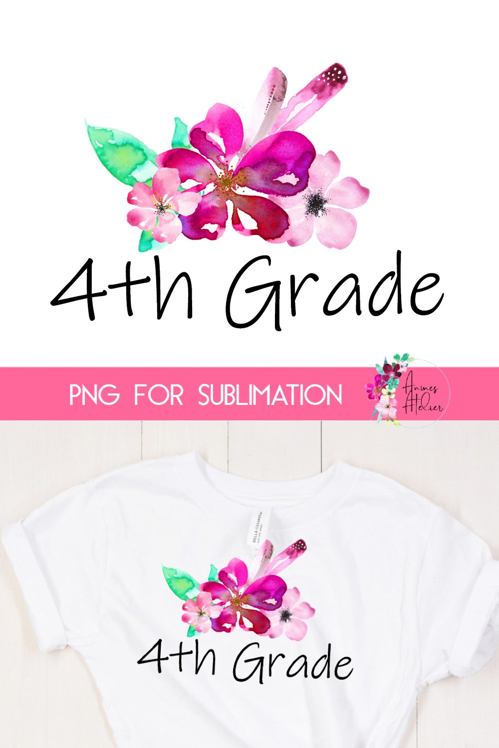 Sublimation fourth Grade design with Pink Flowers
