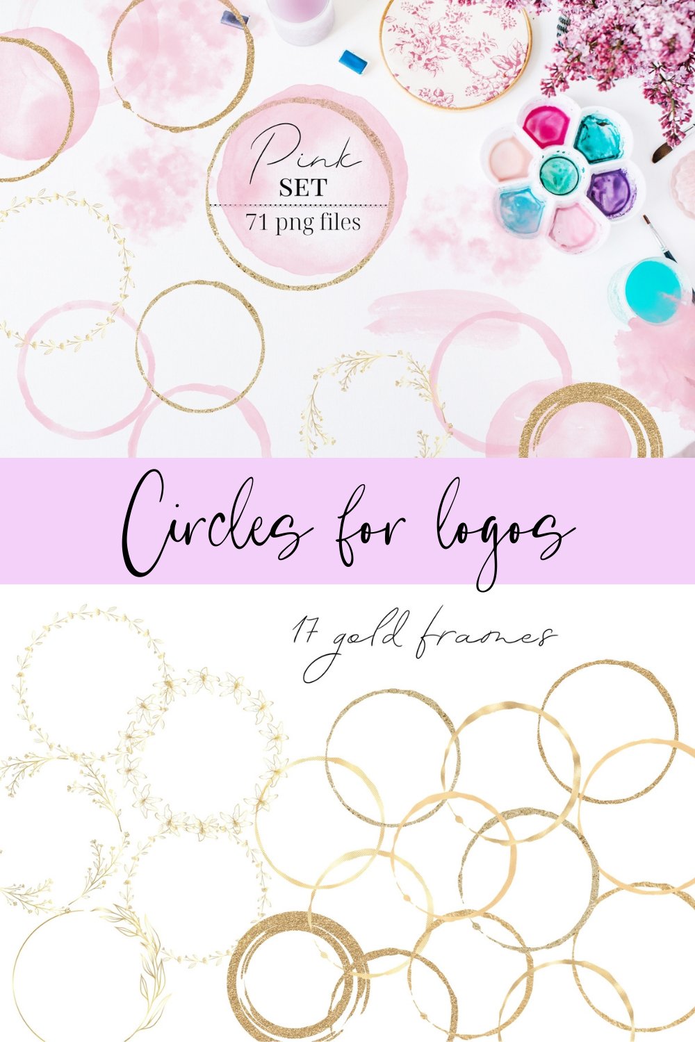 Gold circles with pink watercolor elements