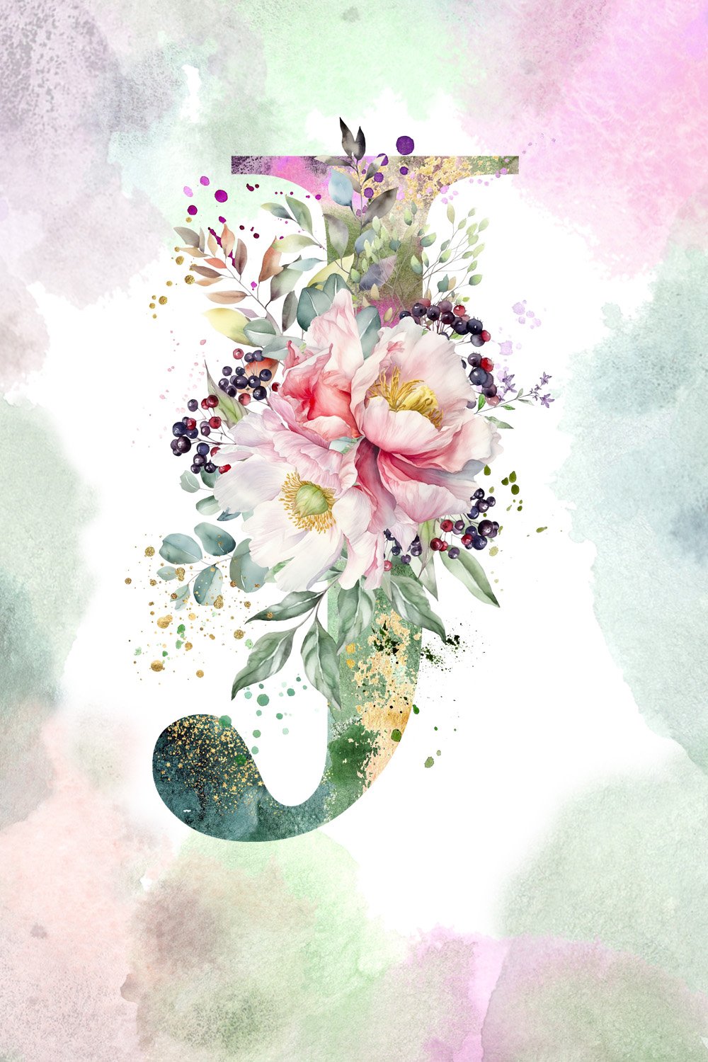 Watercolour Peony Letter. Monogram J. Sublimation Design