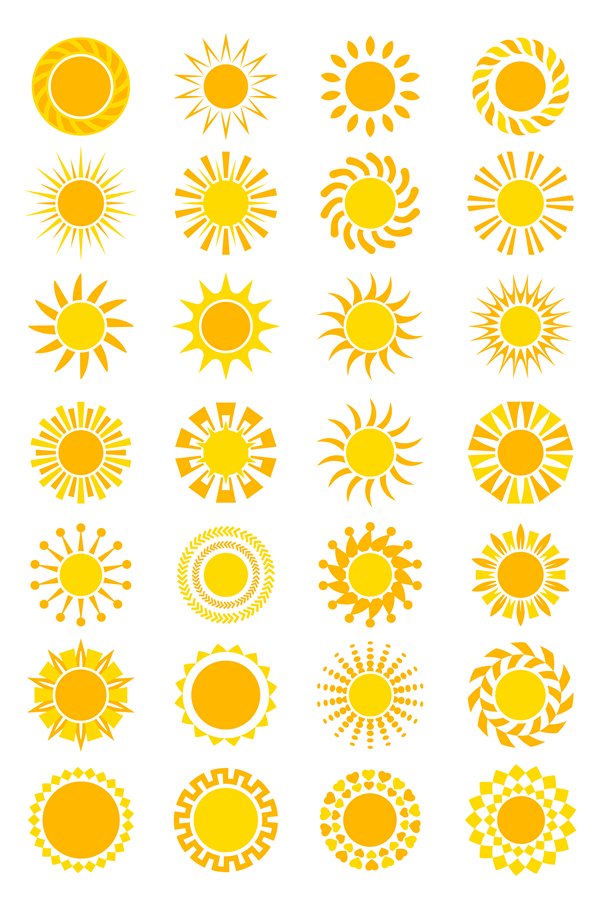 Sun collection. Yellow sunrise symbols nature vector stylize