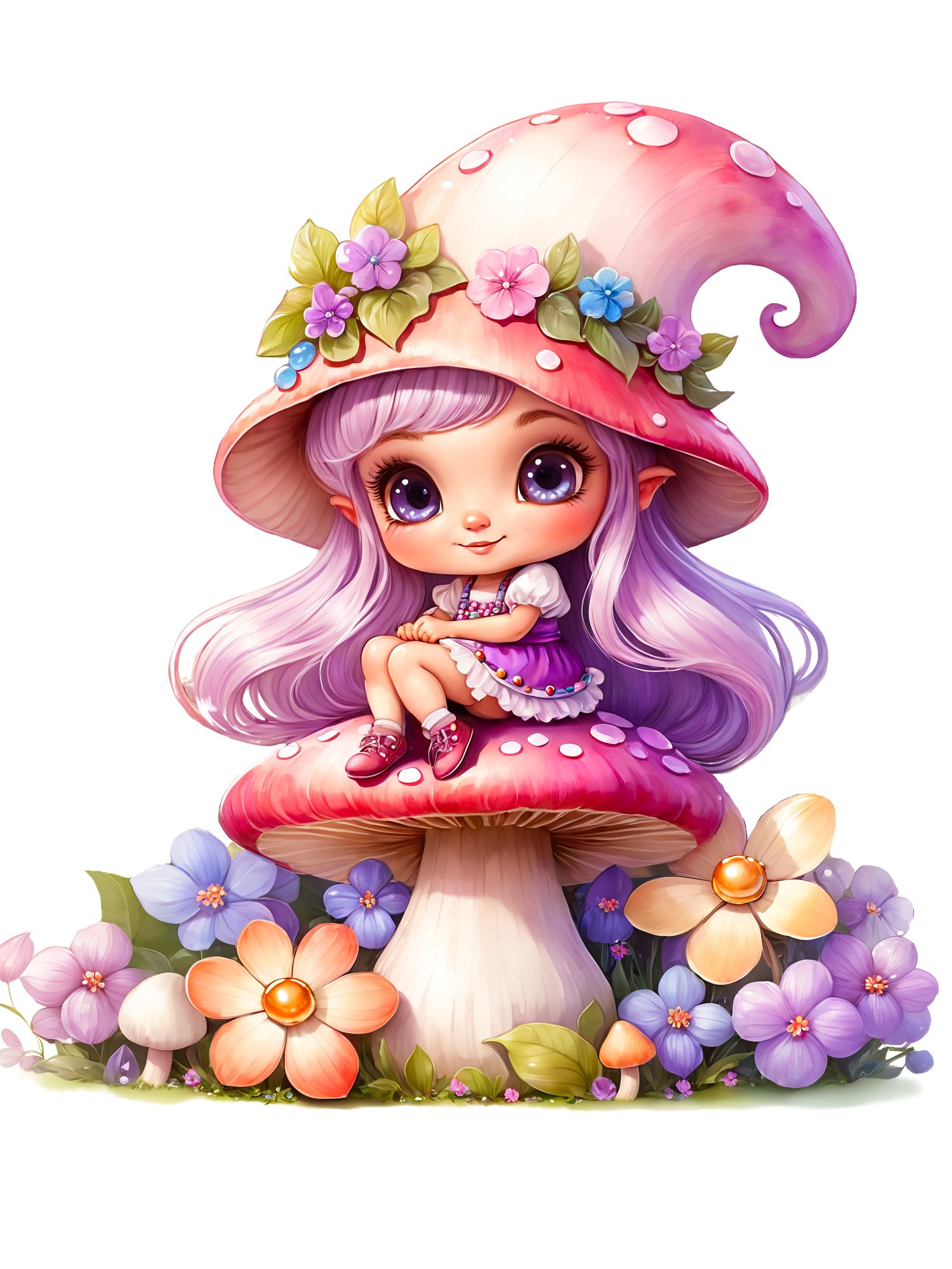 Cute Gnome Girl Sitting on Mushroom Clipart PNG