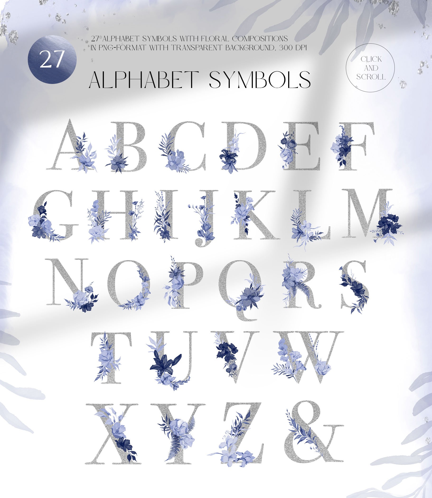Navy blue floral alphabet - 27 silver letters with flowers