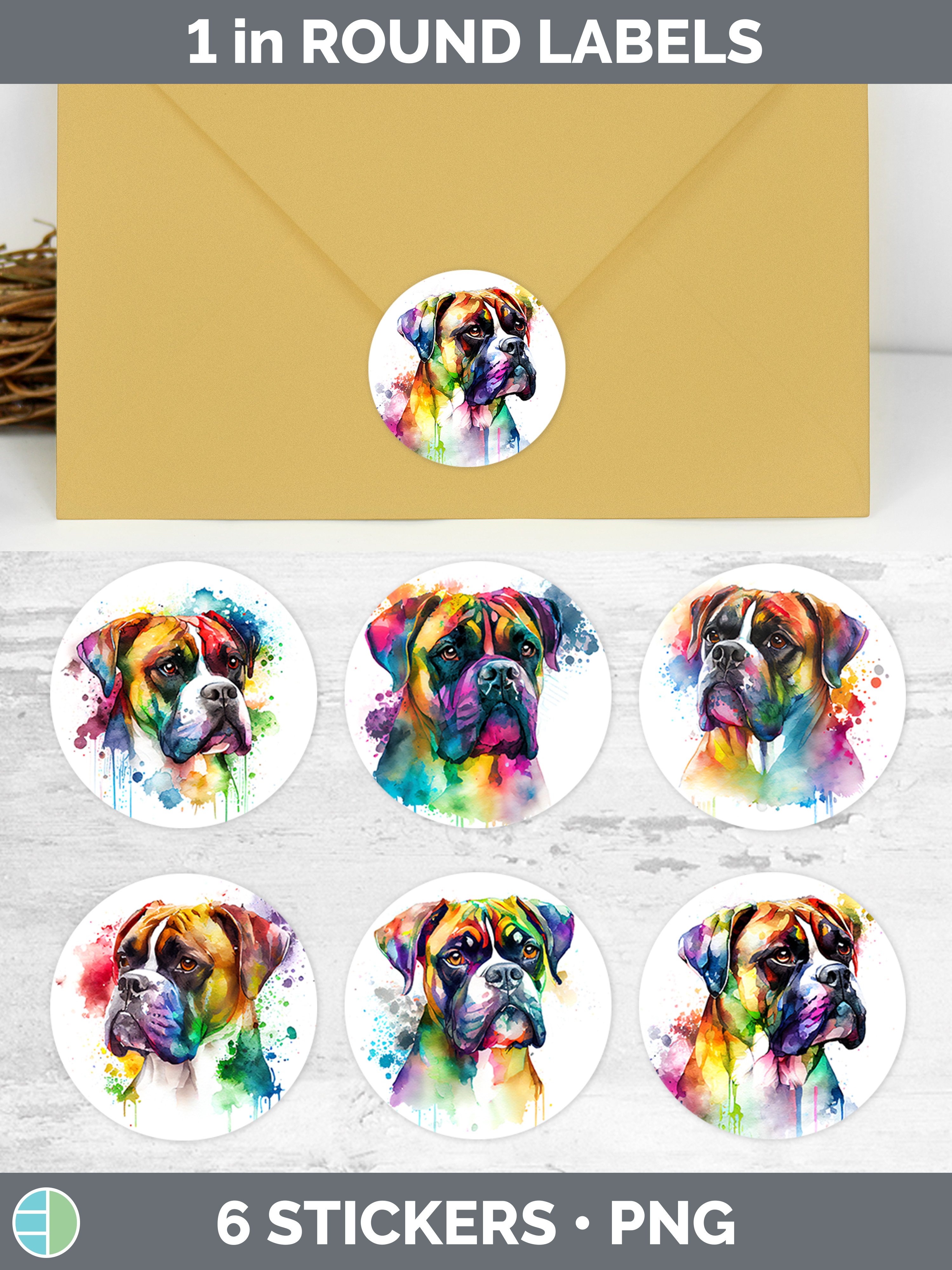 Rainbow Boxer Dog Stickers | Round Labels Designs Bundle