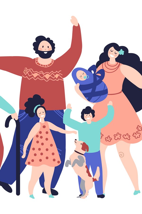 Large family. Generations, cartoon smiling parents and kids.