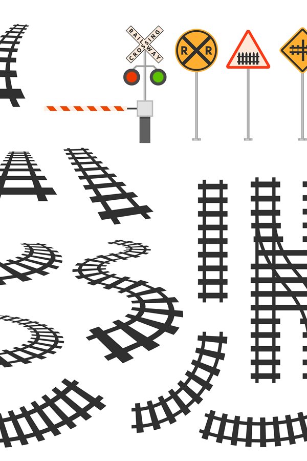 Train railway tracks curved silhouette, barrier and road sig