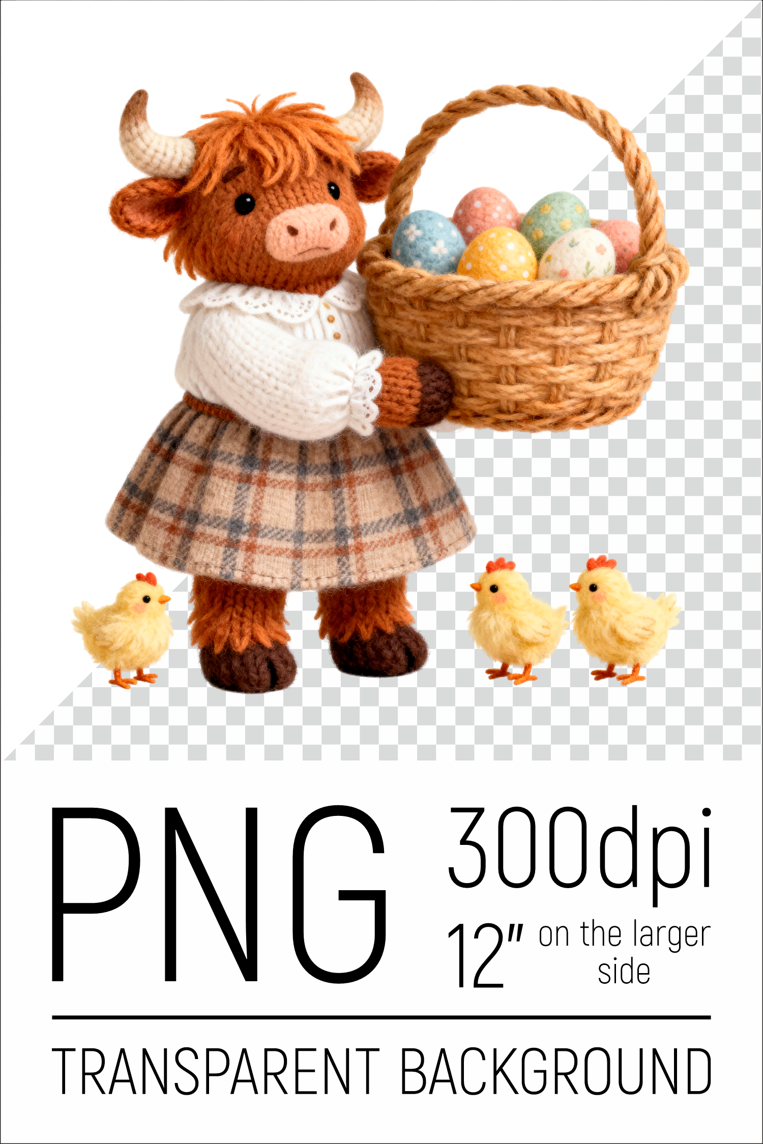 Knitted Cow with Easter Basket and Chicks Clipart