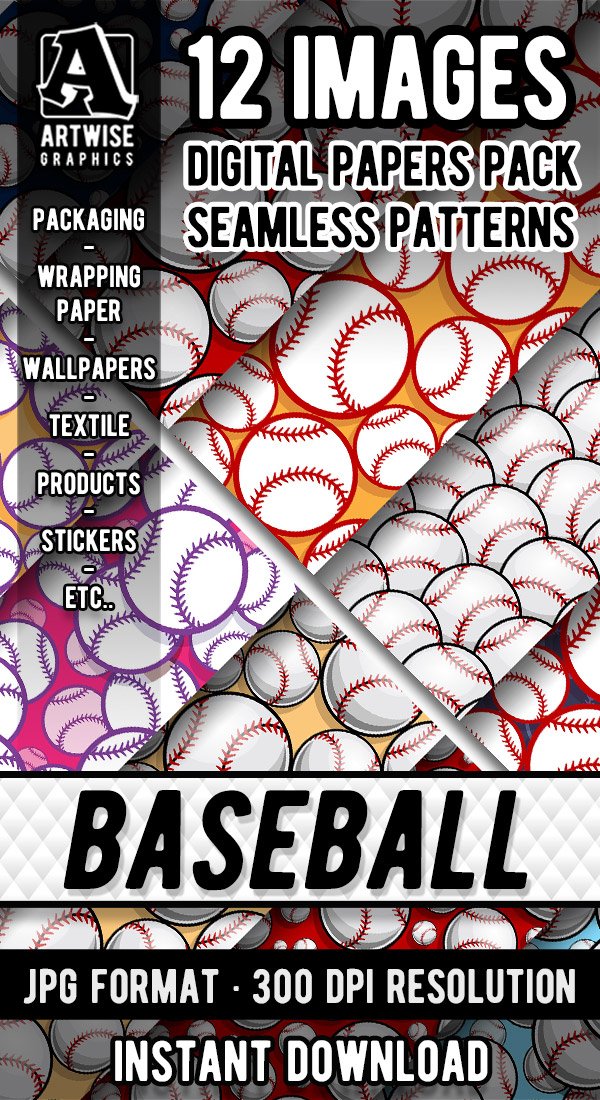 Baseball Seamless Pattern Digital Paper Design Graphics
