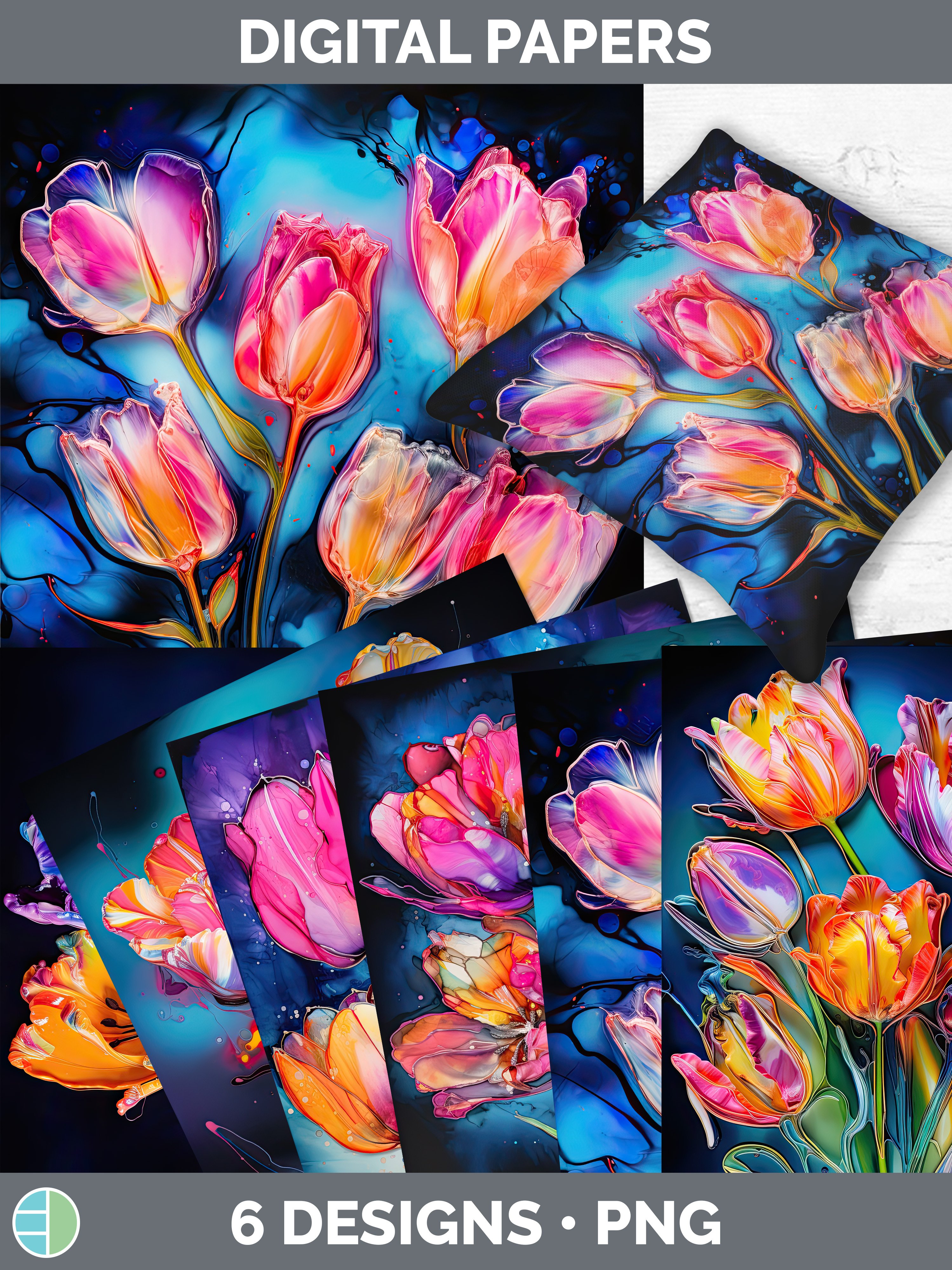 Neon Tulip Flowers Paper Backgrounds | Bundle Digital Scrapb