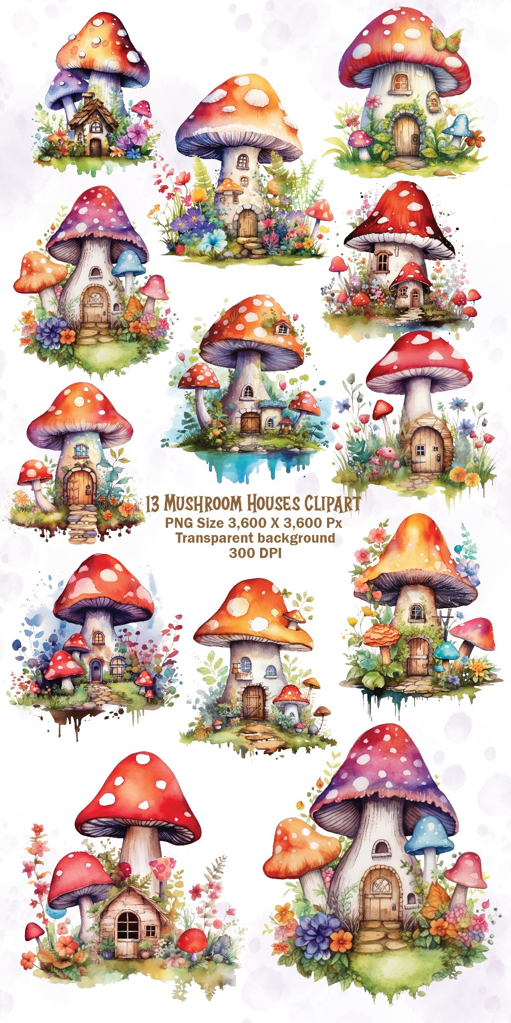 Fairy Mushroom House Clipart, 13 watercolor Mushroom House.