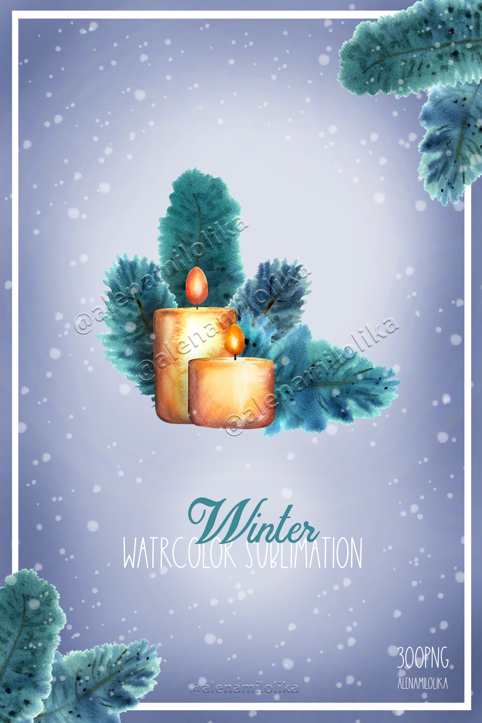 Watercolor Christmas sublimation. Candles, coniferous branch