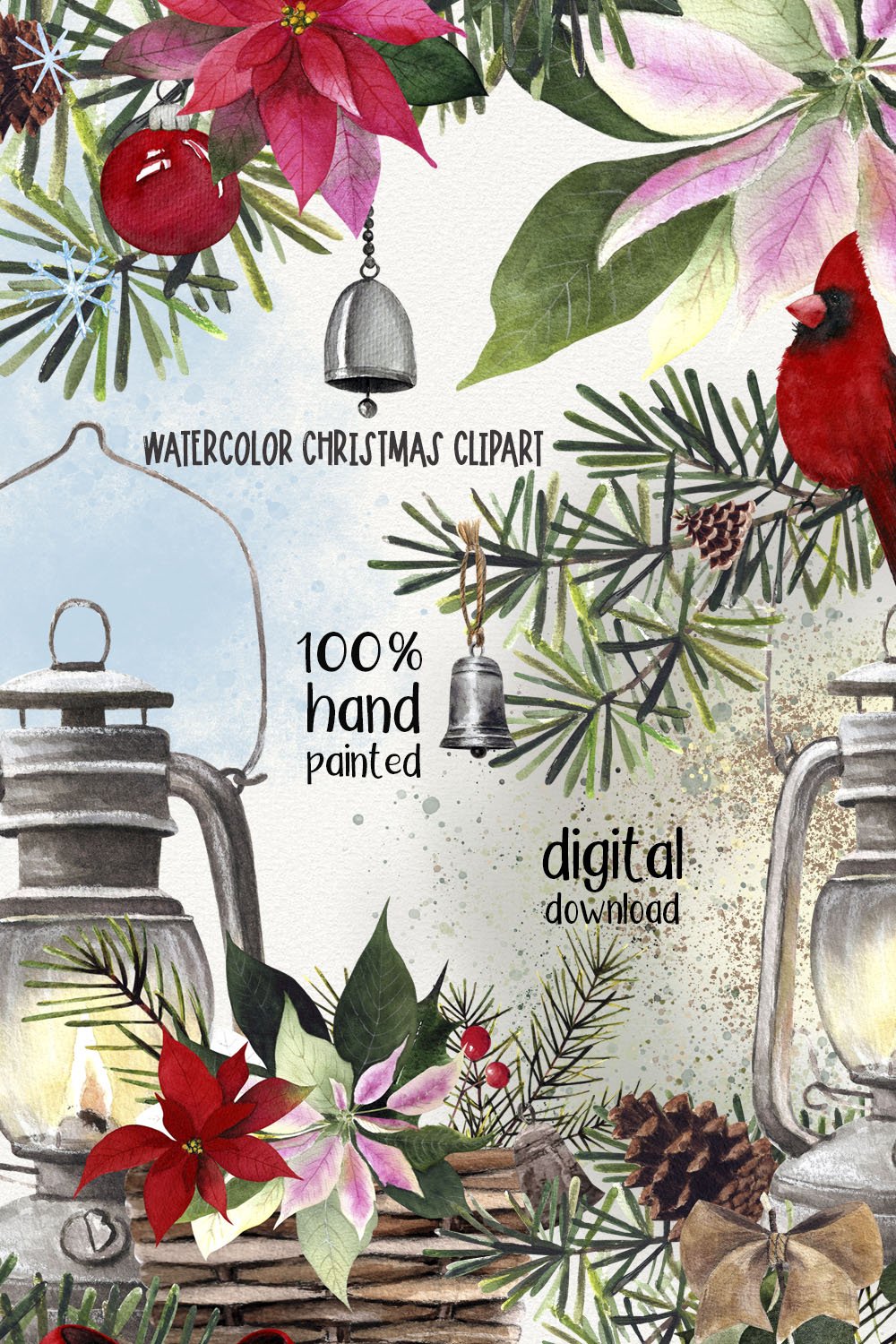 Watercolor Christmas clipart bundle Lantern PNG sublimation