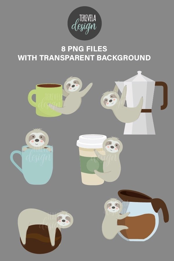 SLOTH CLIPART, SLOTH AND COFFEE, COFFEE, SLOTH WITH COFFEE