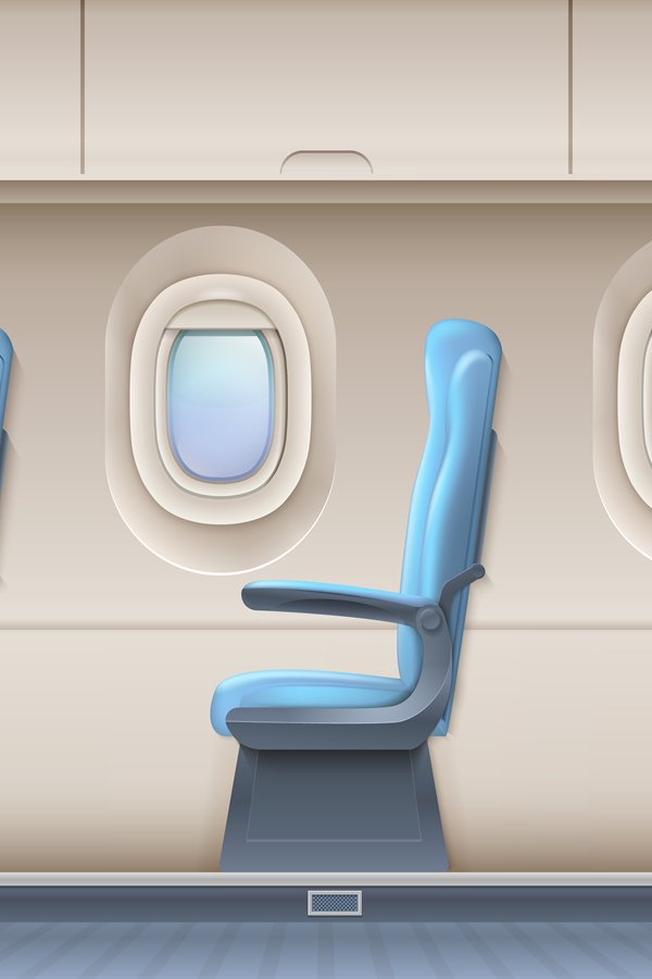 Passenger airplane vector interior. Aircraft indoor with com