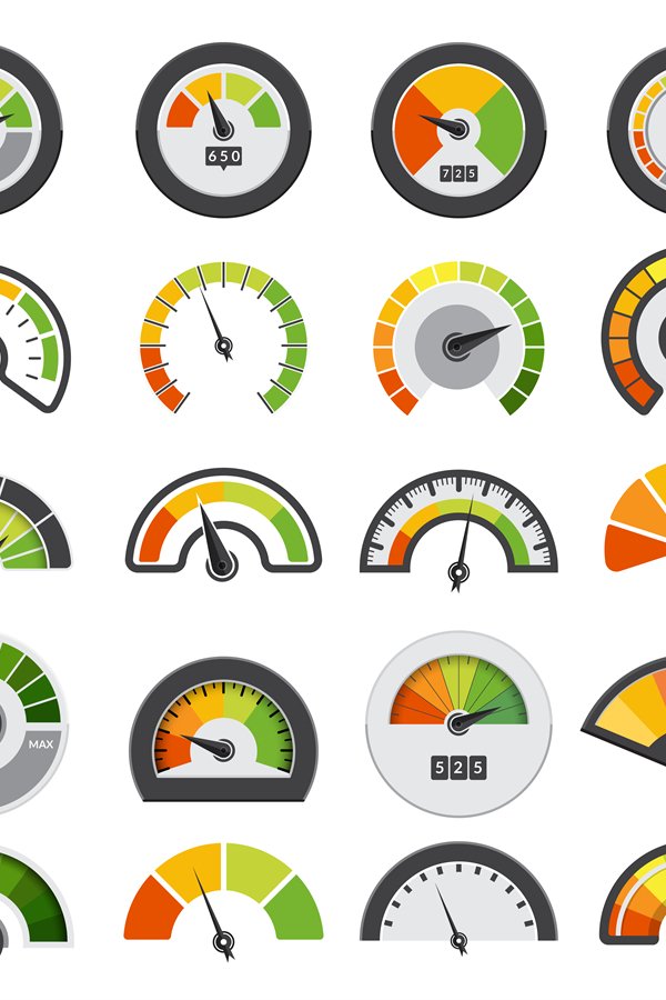 Speedometers collection. Symbols of speed score measuring ta