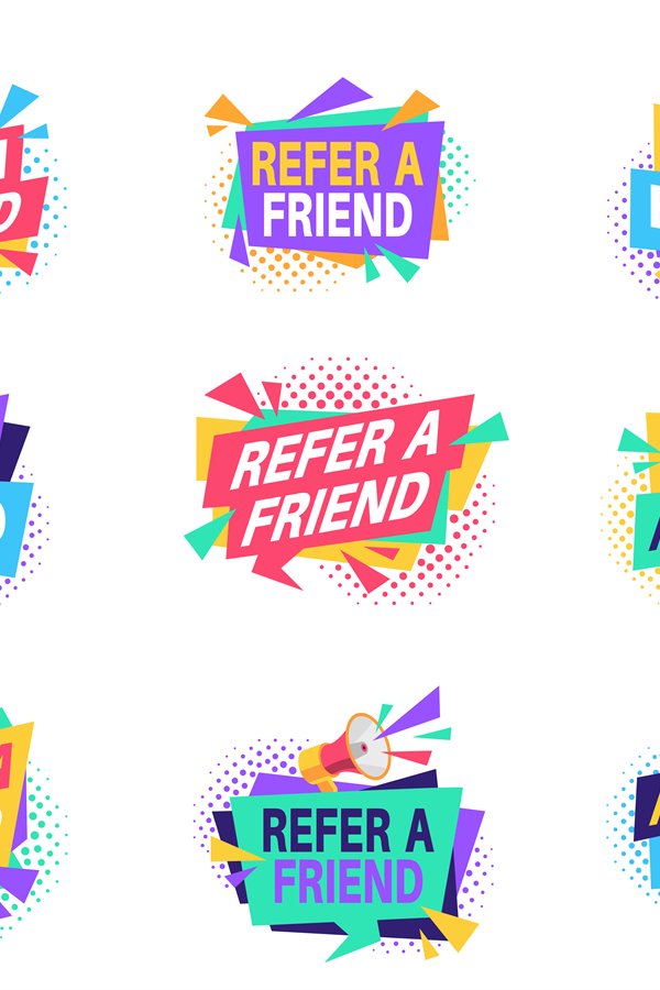 Refer friend badges. Referral program labels with loudspeake
